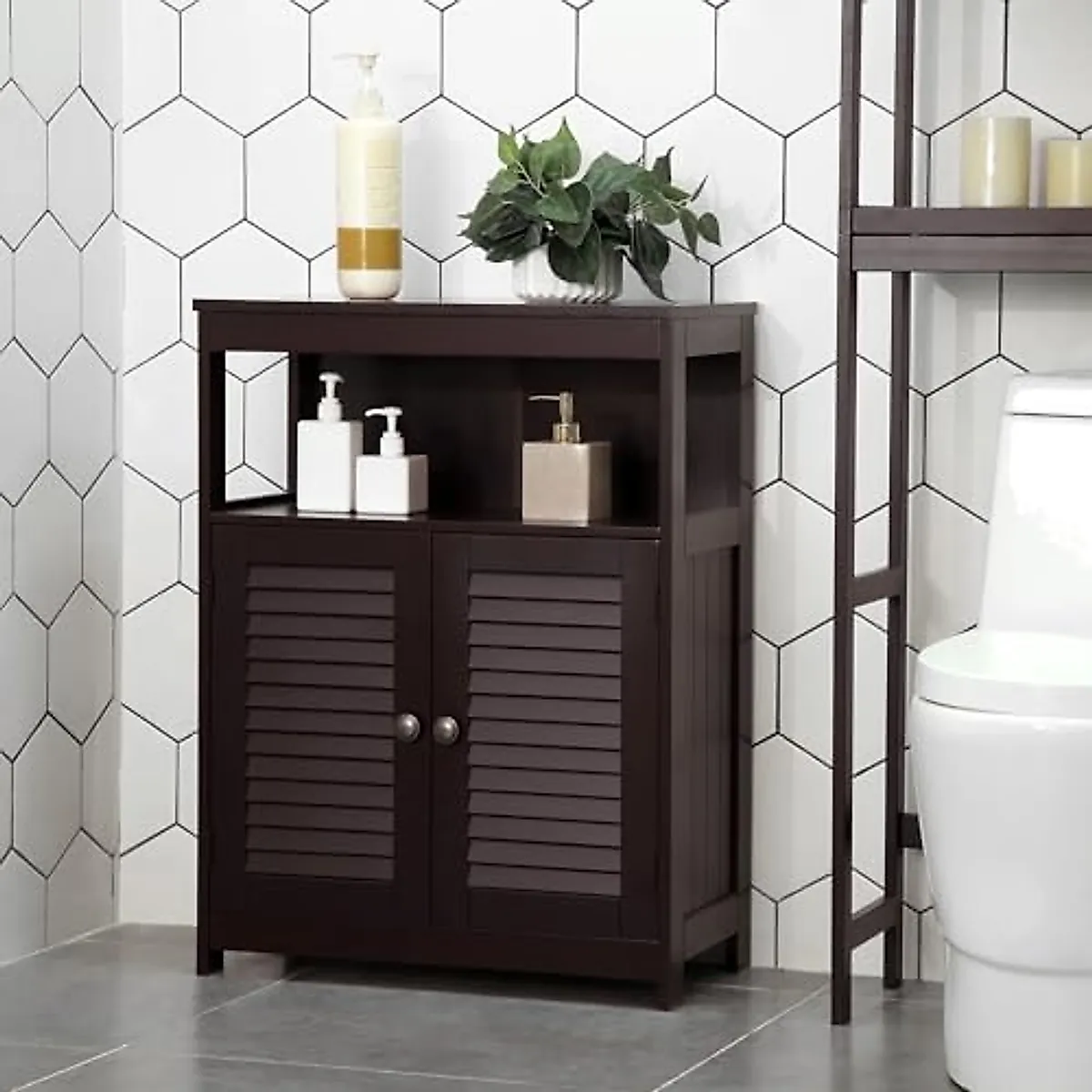 VASAGLE Bathroom Floor Cabinet, Freestanding Bathroom Storage Cabinet with Double Shutter Doors and Adjustable Shelf, for Living Room, Entryway, Kitchen, Brown UBBC40BR