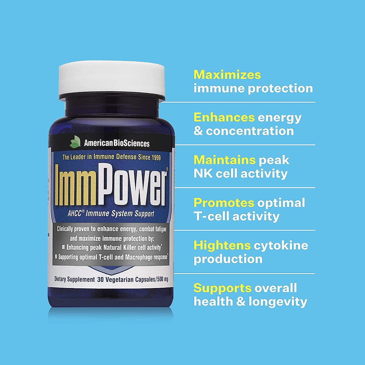 American BioSciences ImmPower AHCC Supplement 6-Pack, Enhanced Immune Support, Natural Killer Cell Activity and Cytokine Production, 30 Vegetarian Capsules, 500 milligrams per Capsule