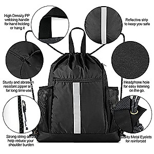 BeeGreen Drawstring Backpack Bag Sports Gym Backpack with Shoe Compartment and Two Water Bottle Holder for Men Women Large String Backpack Athletic Sackpack Workbag Black