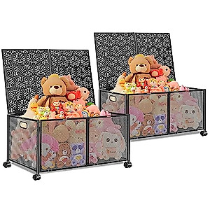 Haturi Large Metal Toy Box Storage, 2 Pack Large Toy Storage and Organizer with Metal Lid, Collapsible Sturdy Toy Organizer with Wheels, Storage Boxes Bins Baskets for Playroom, Living Room, Bedroom