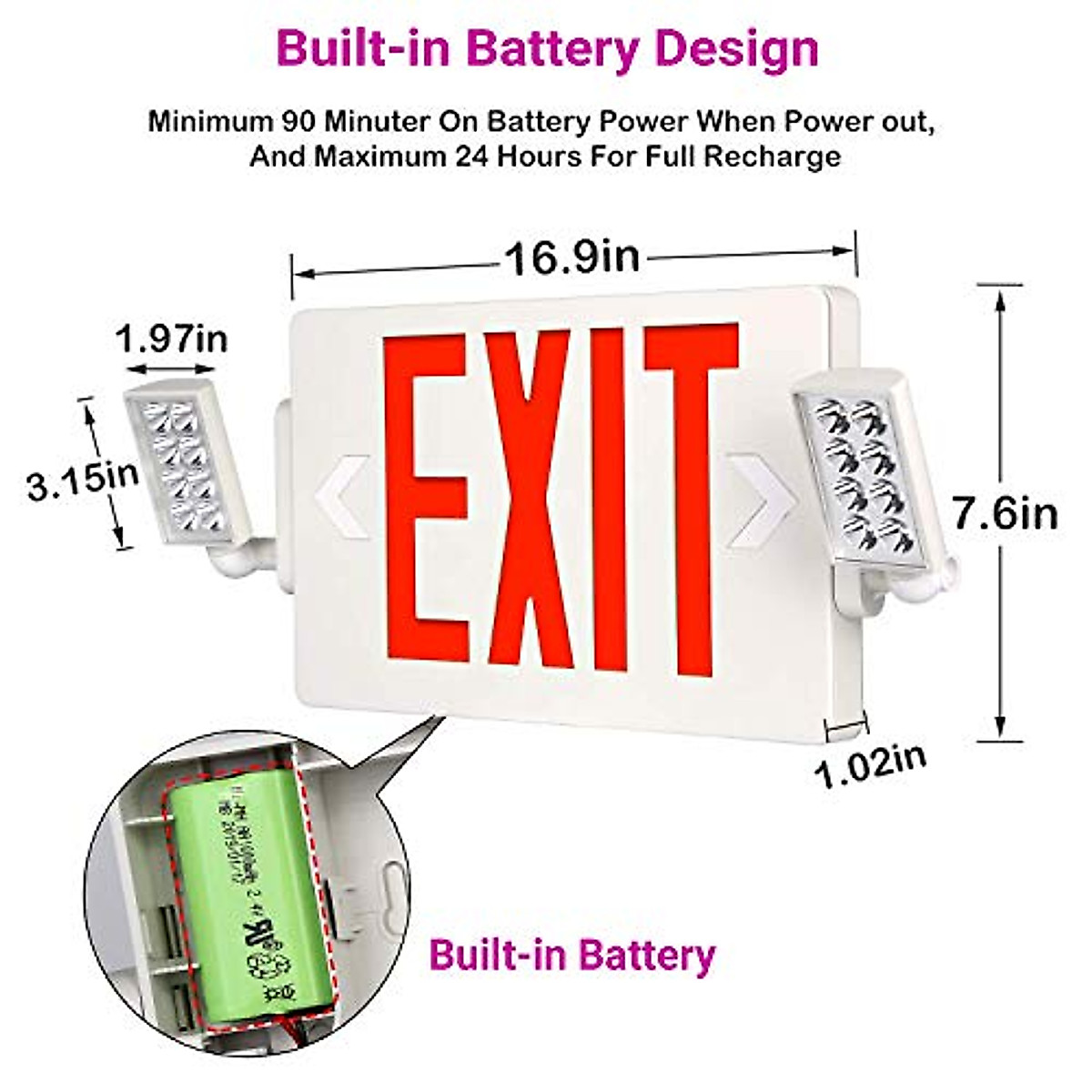 Ultra Slim Red Combo Exit Sign with Emergency Lights,120-277V Double Face LED Combo Emergency Light with Adjustable Two Head and Backup Battery Commercial Grade, UL Certified, 5 Years Warranty- 2 Pack