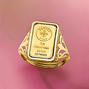 Ross-Simons Italian 24kt Yellow Gold Fleur-De-Lis 1-Gram Ingot Ring With 14kt Yellow Gold Band. Size 10