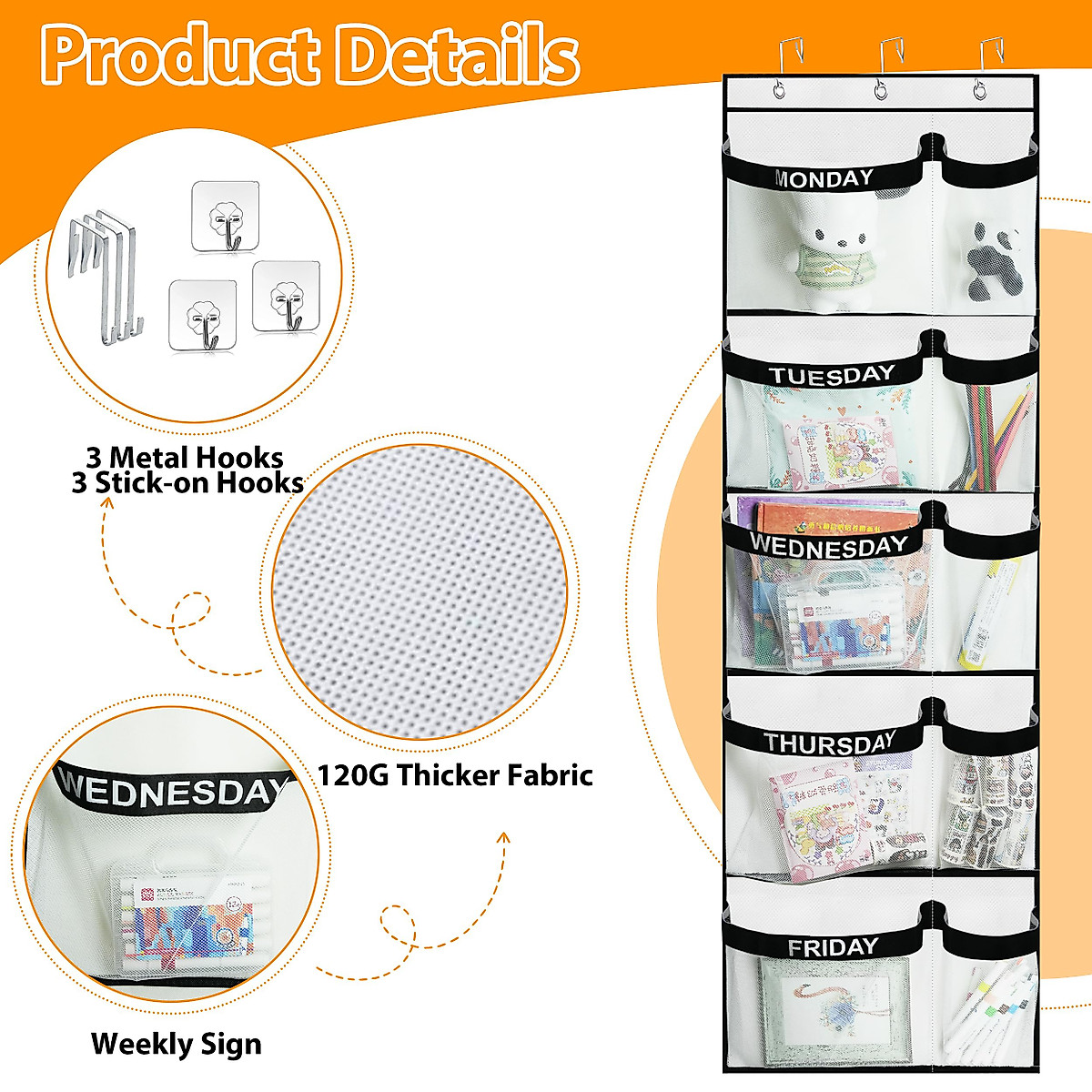 Weekly Kids Clothes Organizer Day of Week School, Over the Door Clothing Storage Organizer from Monday to Friday, Hanging Closet Organizer wtih 3 Metal hooks and 3 adhesive hooks for Nursery, Bedroom