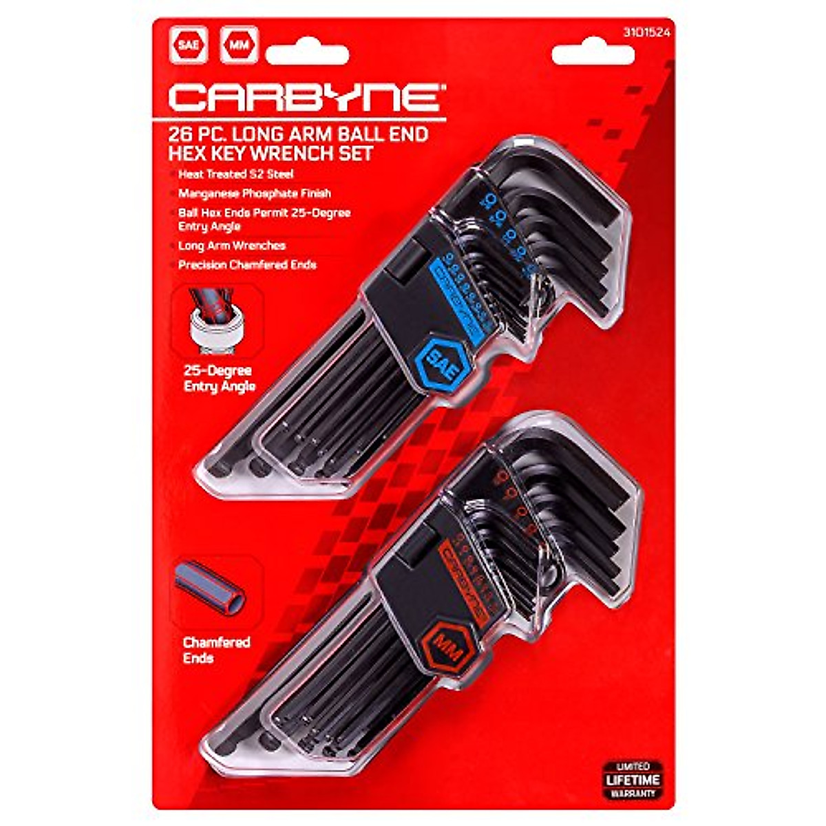 Carbyne Allen Wrenches Sets Long Arm Ball End - 26 Piece, Inch (Standard) / Metric. Includes Metric Hex 1.27mm-10mm, SAE Hex 0.05"-3/8". S2 Steel. A Perfect Set of Allen Wrenches/Allen Key Set