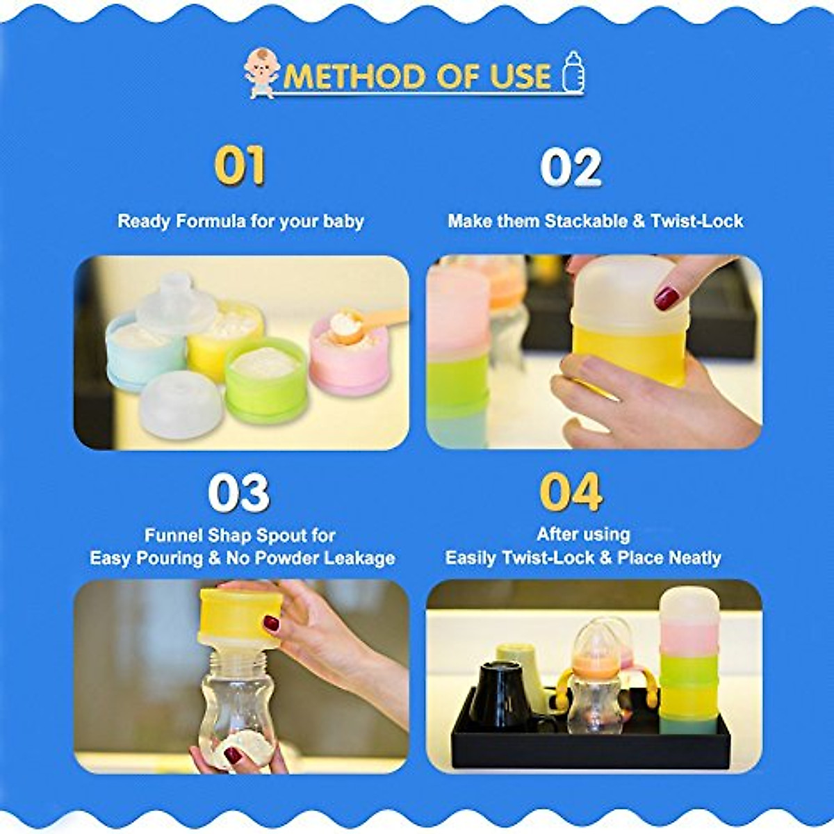 Formula Dispenser, Kidsmile Twist-Lock Stackable On-The-Go BPA Free Milk Powder Box Baby Food Storage Container Snack Cups for Toddlers - 4 Feeds, no Powder Leakage