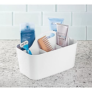 mDesign Small Plastic Shower/Bath Storage Organizer Caddy Tote with Handle - Dorm, Shelf, Cabinet - Soap, Shampoo, Conditioner, Combs, Brushes, Lumiere Collection, 2 Pack, White