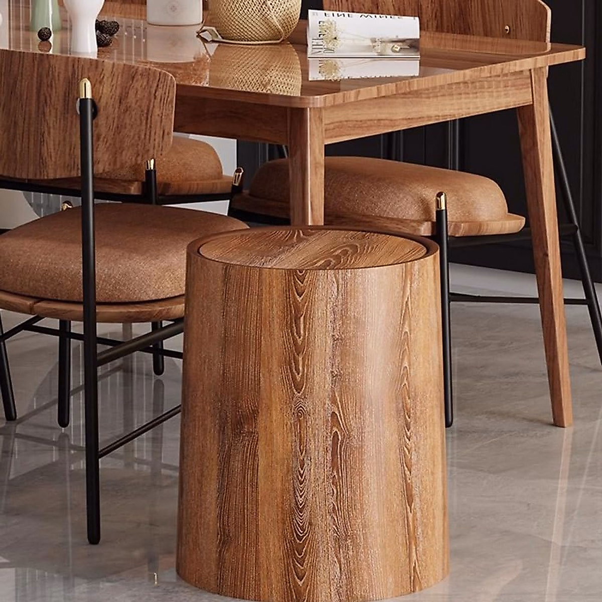 BESTOYARD Wood Grain Trash Can 2.6 Gallon Plastic Round Wastebasket with Swing Lid Garbage Container Bins for Home Office Bedroom Bathroom