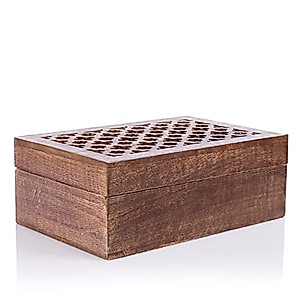 Mela Artisans Decorative Storage Box with Hinged Lid - Medium Polish, Large | 9” x 6” x 3.5” | Rustic Trellis Design | Mango Wood Crafted | Ideal for Keepsakes, Trinkets, Jewelry and Other Stash