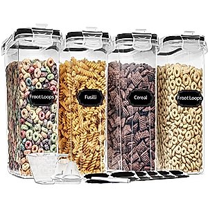 PRAKI Cereal Containers Storage Set (4L,135.2 Oz), 4PCS Airtight Food Storage Containers with Pour Spout for Kitchen & Pantry Organization Cereal Dispensers with 20 labels, Measuring Cup & Marker