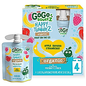 GoGo squeeZ happy tummieZ Organic Apple Banana Strawberry, 3.2 oz. (4 Pouches) - Kids Snacks with Prebiotic Fiber - Gluten Free Snacks for Kids - Nut & Dairy Free - Vegan Snacks