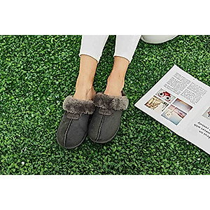 CLPP'LI Womens Slip on Faux Fur Warm Winter Mules Fluffy Suede Comfy Slippers-Grey-8