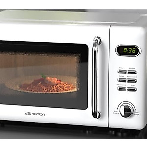 Emerson MWR7020W-N Retro Digital Microwave Oven with Timer & LED Display 700W with 5 Micro Power Levels, 8 Pre-Programmed Settings, Express & Defrost, with Child Safe Lock, 0.7 Cu. Ft, White