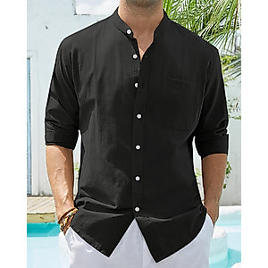 Alimens & Gentle Men's Cotton Linen Shirts Long Sleeve Button Down Shirt Band Collar Beach Shirts Black