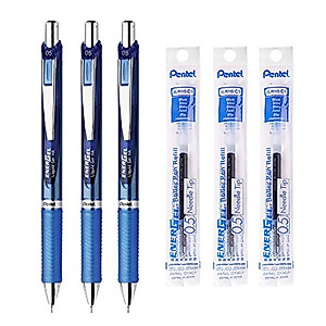 Pentel Energel Deluxe RTX Retractable Liquid Gel Pen - 0.5mm - Fine Line Needle Tip Blue Ink - Blue Body Type - 3Pens & 3Pens Refills Value Set