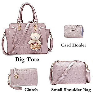 FiveloveTwo Women Ladies 4Pcs Handbag Set Tote Satchel Shoulder Bag PU Top Handle Bag Purse Clutch Card Holder with Bear Ornament Black