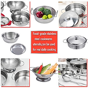 Tiny Size Cooking Pretend Play Kitchen Cooking Toys with Stainless Steel Cookware Play Pots and Pans Set，Cooking Utensils Cookware Kitchen Play Accessories Toys Cooking Pots for Toddlers Kids(Mini)