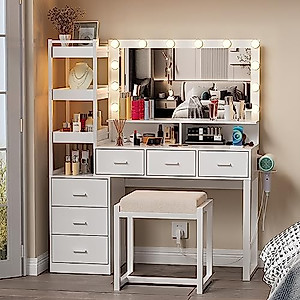 PAKASEPT Makeup Vanity Desk with Mirror and Lights, Vanity Desk with Charging Station, Drawers, Movable Shelves for Makeup, Modern Vanity Table Set with Vanity Stool for Bedroom, White