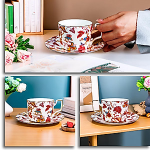 LanHong 8.5 Ounces Tea Cup and Saucer Set Floral Tea Coffee Cup with Saucer Bone China Teacup and Saucer Set Gift for Mom Friend Tea Party (Red)
