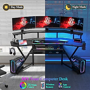 Auromie 72" Gaming Desk with Power Outlet & Led Strip, Large Wing-Shaped Computer Desk w Monitor Stand & Keyboard Tray & RGB Mouse Pad, Studio Desk w Storage Shelf Headphone Hook Cup Holder