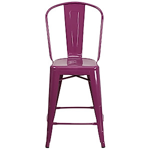 EMMA + OLIVER Commercial Grade 24" H Purple Metal Indoor-Outdoor Counter Height Stool with Back