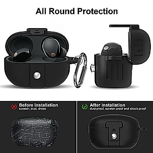 [Secure Lock] Case Cover Compatible with Sony WF-1000XM5, Silicone Case for Sony WF-1000XM5 Earbuds, Shockproof Anti Scratch Case Protective Cover with Carabiner and Lanyard (Black)