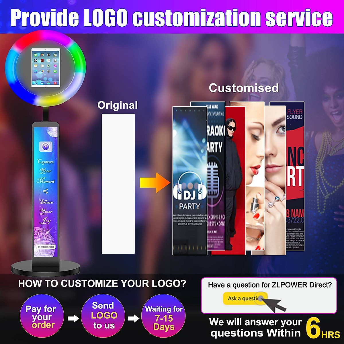 ZLPOWER Portable Photo Booth Shell Stand Stand for IPad 10.2" 10.9" 11" 12.9" Printer Stand Selfie Customized Logo Photobooth with Round RGB LED Light Ring and Flight Case for Events Christmas Wedding