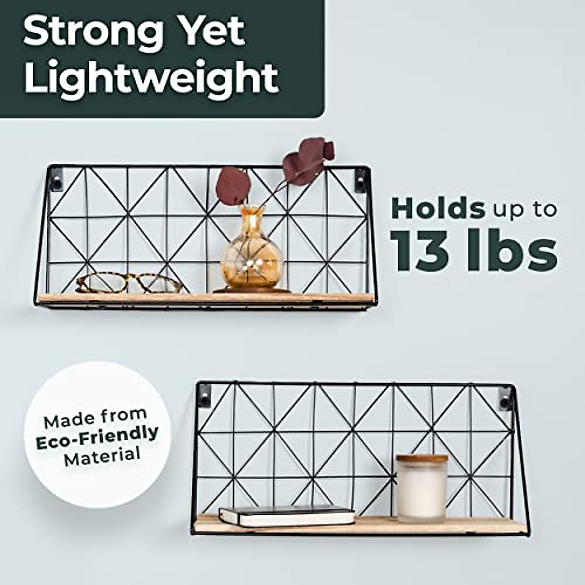 Greenco Geometric Mounted Floating, Home Decor, Metal Wire and Rustic Wood Wall Storage Shelves for Bedroom, Living Room, Bathroom, Kitchen, Office and More – Set of 2