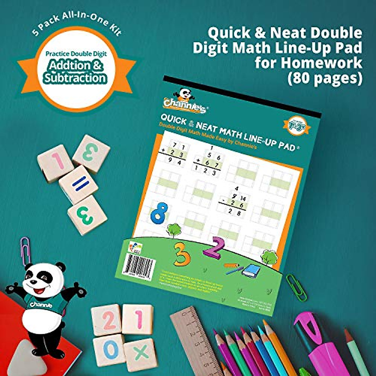 Back to school complete set 5 Pack Channie’s Visual Math, Handwriting, and Cursive Grades 1st – 3rd, Size 8.5” x 11” With FREE Alphabet Card