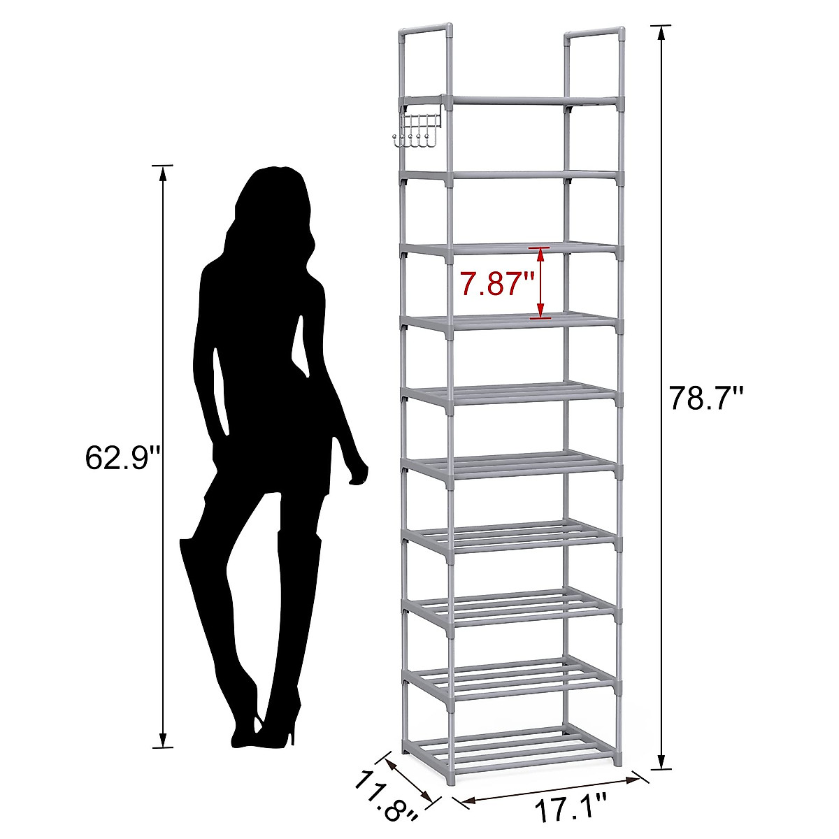 WEXCISE 10 Tiers Tall Shoe Rack Narrow 20-24 Pairs Shoe Rack for Closet Entryway Vertical Metal Shoe Rack Organizer Shoe and Boots Organizer Storage Sturdy Shoe Shelf Shoe Stand Gray