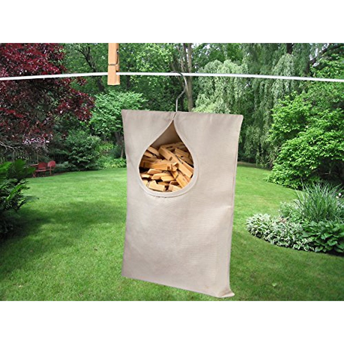 Handy Laundry Clothespin Bag - 11" x 15" - Holds 100 Medium-Sized Clothes Pins, Durable Canvas Material, Hook for Hanging and Effortlessly Sliding on The Clothesline with an Extra-Large Opening.