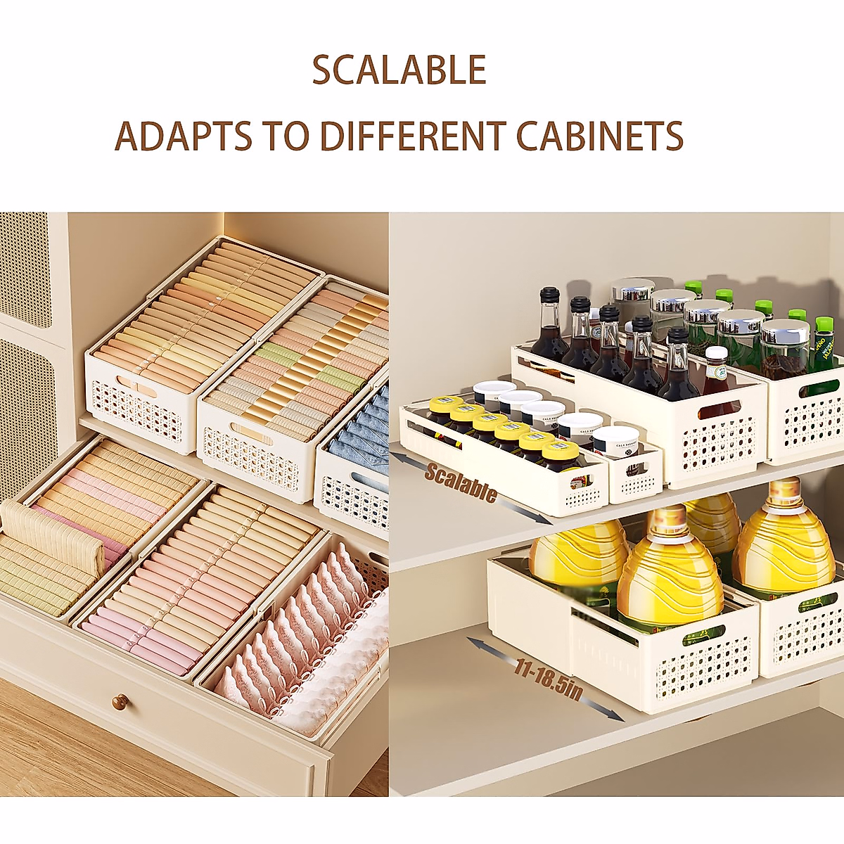 Yawinhe Retractable Plastic Storage Bins with Handles, Expandable Stackable Storage Baskets, 3pack Organization and Storage Containers Organizers for Closet Pantry Cabinet, 11-18.5x7.9x5.9in