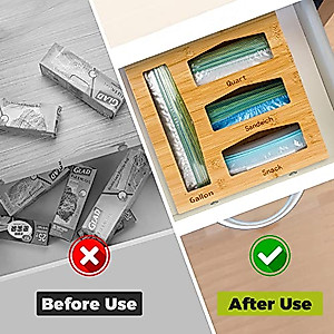 Planksy Ziplock Bag Organizer - Durable Bamboo Bag Storage Organizer with 4 Compartments - Wall Mount Bamboo Kitchen Organizer for Snack/Gallon/Sandwich/Quart Plastic Bags - 12 x 12 x 3 inch