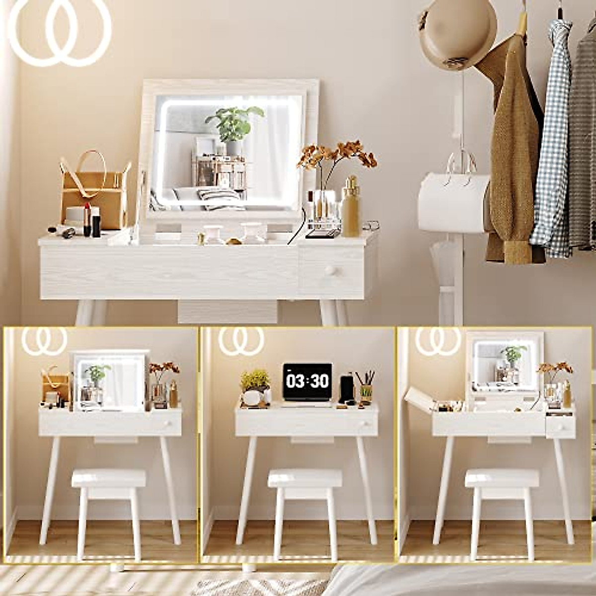 IRONCK Vanity Desk Set with LED Lighted Mirror & Power Outlet, Flip Top Makeup Vanity Table with Drawers & Cabinet,for Bedroom, Bathroom, Black