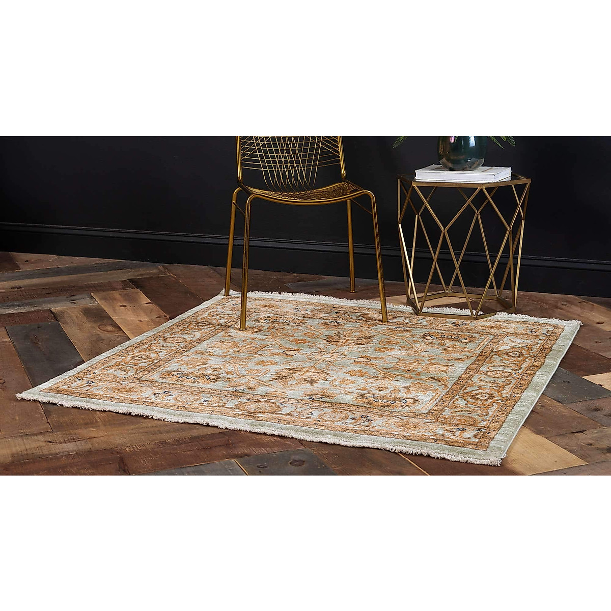 Unique Loom Dorchester Collection Botanical, Border, Traditional Area Rug (4' 5 x 4' 5 Square, Light Green/ Tan)