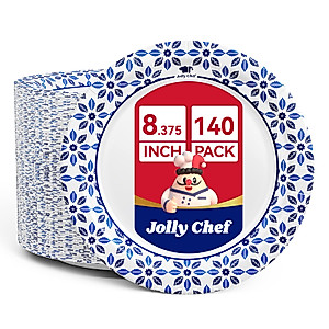 JOLLY CHEF 8.37 inch Disposable Paper Plates 140 Count Soak Proof, Cut Proof, Heavy Duty Printed Disposable Plate for Everyday Use