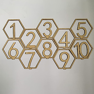 esowemsn 10pcs Wooden Table Numbers 1-10 Hexagon Shape Wedding Table Numbers with Holder Base DIY Floral Table Number Sign Stand for Wedding Party Event Catering Decoration