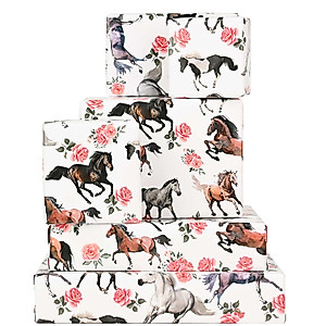 12 Sheets Horse Floral Wrapping Paper Run for The Roses Themed Gift Wrap Paper for Kentucky Derby Party Horse Racing Birthday Party DIY Craft, 19.7 × 27.6 Inch