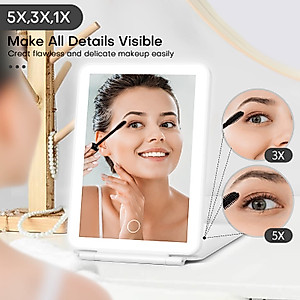 Tkaufen Travel Size Magnifying Lighting Mirror, 21Hours Battery Life, 5X/3X/1X Compact Hand Held Portable Foldable Makeup Cosmetic Mirror, Valentine's Day (White, 2 Fold)