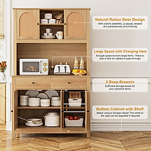 FINETONES 71" Kitchen Pantry Cabinet, Pantry Cabinet with Microwave Stand & Charging Hole, Freestanding Kitchen Hutch with Drawers and Adjustable Shelves, Kitchen Rattan Cabinet for Kitchen, Walnut