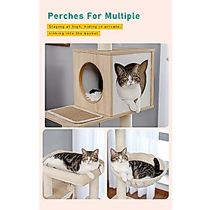 PETEPELA Modern Cat Tree Wood Cat Tower with Storage Cabinet Litter Box Enclosure and Spacious Cat Condo, Large Top Perch and Hammock, Sisal Covered Scratching Posts for Cats Beige
