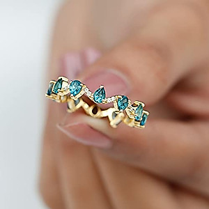 Rosec Jewels Real London Blue Topaz Eternity Ring, Stackable Wedding Anniversary Jewelry for Women, Aaa Quality, 14K Yellow Gold, Size:US 9.00