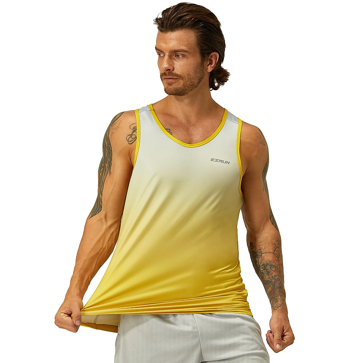 EZRUN Men's Quick Dry Workout Tank Top Swim Beach Shirts for Gym Athletic Running Muscle Sleeveless Shirts(YellowGradient,l)