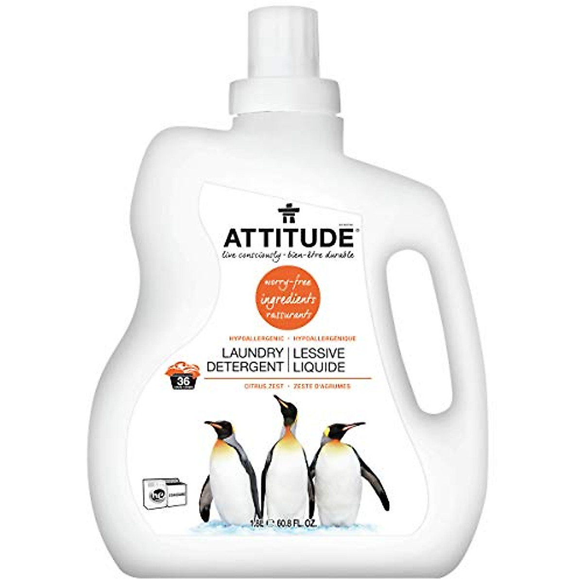 ATTITUDE Liquid Laundry Detergent, Plant- and Mineral-Based Ingredients Formula, HE, Vegan and Cruelty-free, Citrus Zest, 36 Loads, 60.8 Fl Oz,12072