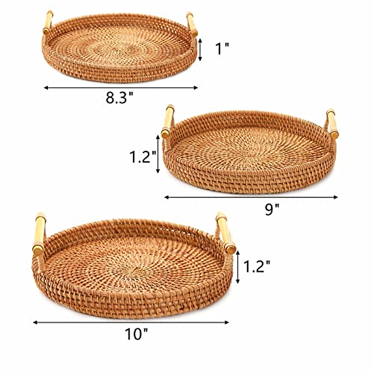 Dicunoy 3 Pack Rattan Basket Tray, Round Wicker Serving Baskets with Handles for Bread, Coffee Table, Decorative Woven Serving Tray for Vegetable, Snack (10", 9", 8")