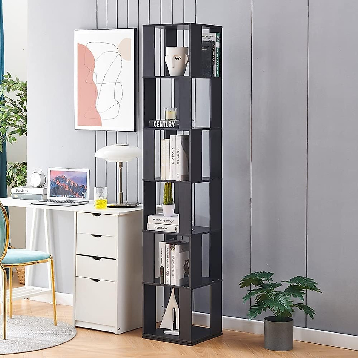 RVEE Rotating Bookshelf 360°, 6 Tier Corner Bookcase for Living Room Floor Bookcase Wooden Bookshelf Home Office Corner Tall Bookcase (Black)