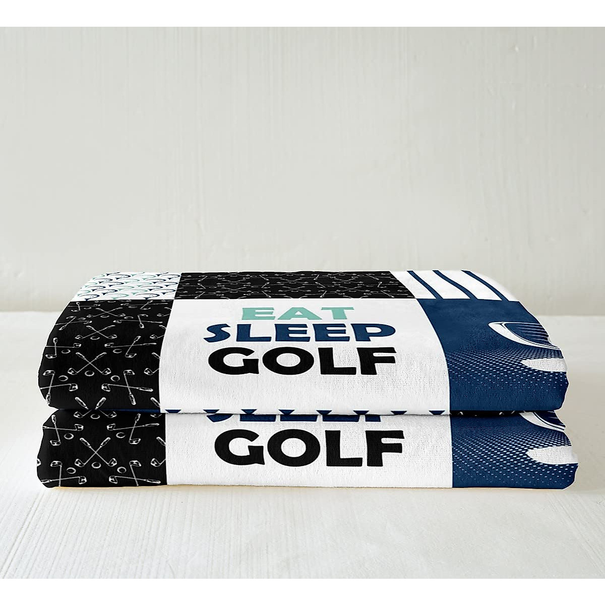 Golf Throw Blanket Sports Games Fleece Blanket Twin Size, Athlete Silhouette Patchwork Fuzzy Blanket for Kids Boys Teens Adults, Golf Lovers Geometry Lattice Ripple Sherpa Blanket, Blue Black