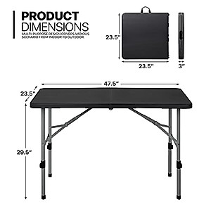 MoNiBloom 4-Foot Folding Plastic Table, Foldable Indoor Outdoor Tables with Carrying Handle and Height Adjustable for Party Picnic Garden - Black