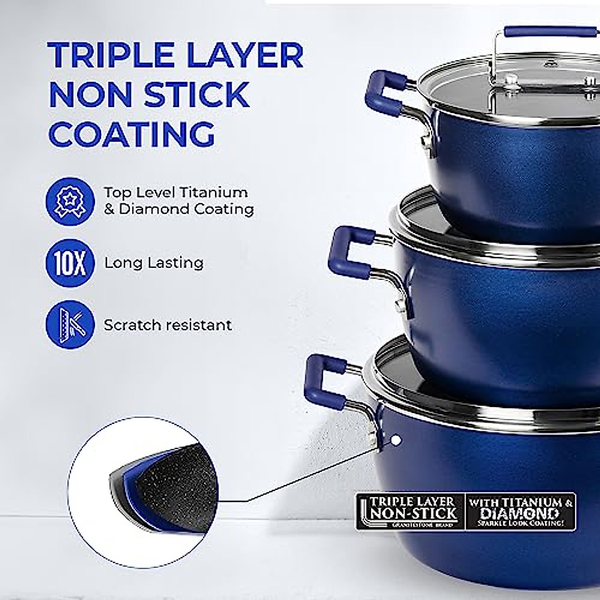 Granitestone 6 Pc Stackable Pot Set, Nesting Non Stick Pots with Lids, Cooking Pots Set, Stock Pot Set with 1.5/3 / 5 Qt Pots with Lids, Induction Cookware, Dishwasher Safe, Non Toxic - Blue