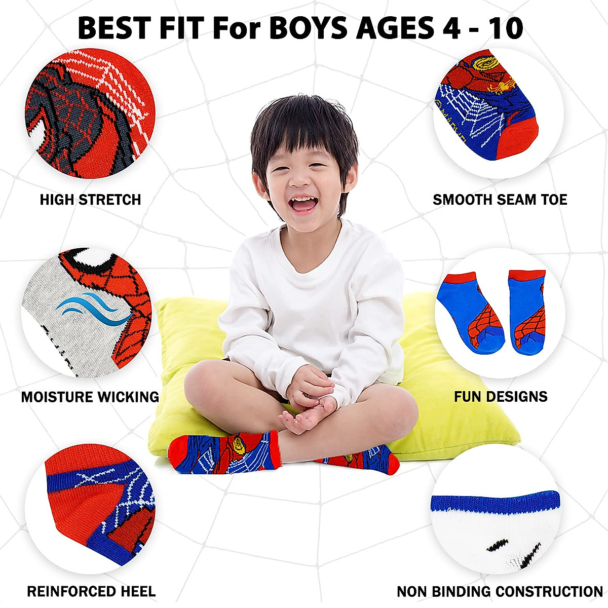 Marvel Spider-Man Socks for Boys, 10 Pairs Low Cut Socks for Boys Ages 3-9