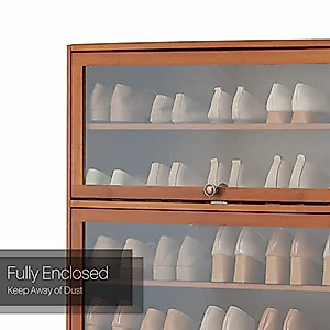 MoNiBloom Bamboo 5 Tier Shoe Storage Cabinet with Acrylic Doors Free Standing Display Shelf Organizer Stand for Sneakers, Boots, Pumps, Heels 16-20 Pairs, Brown